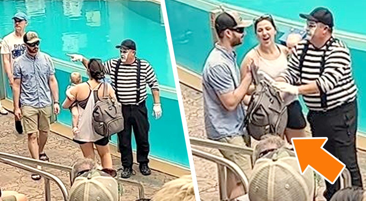 A mime forces a man to help his wife carrying their child and a ...